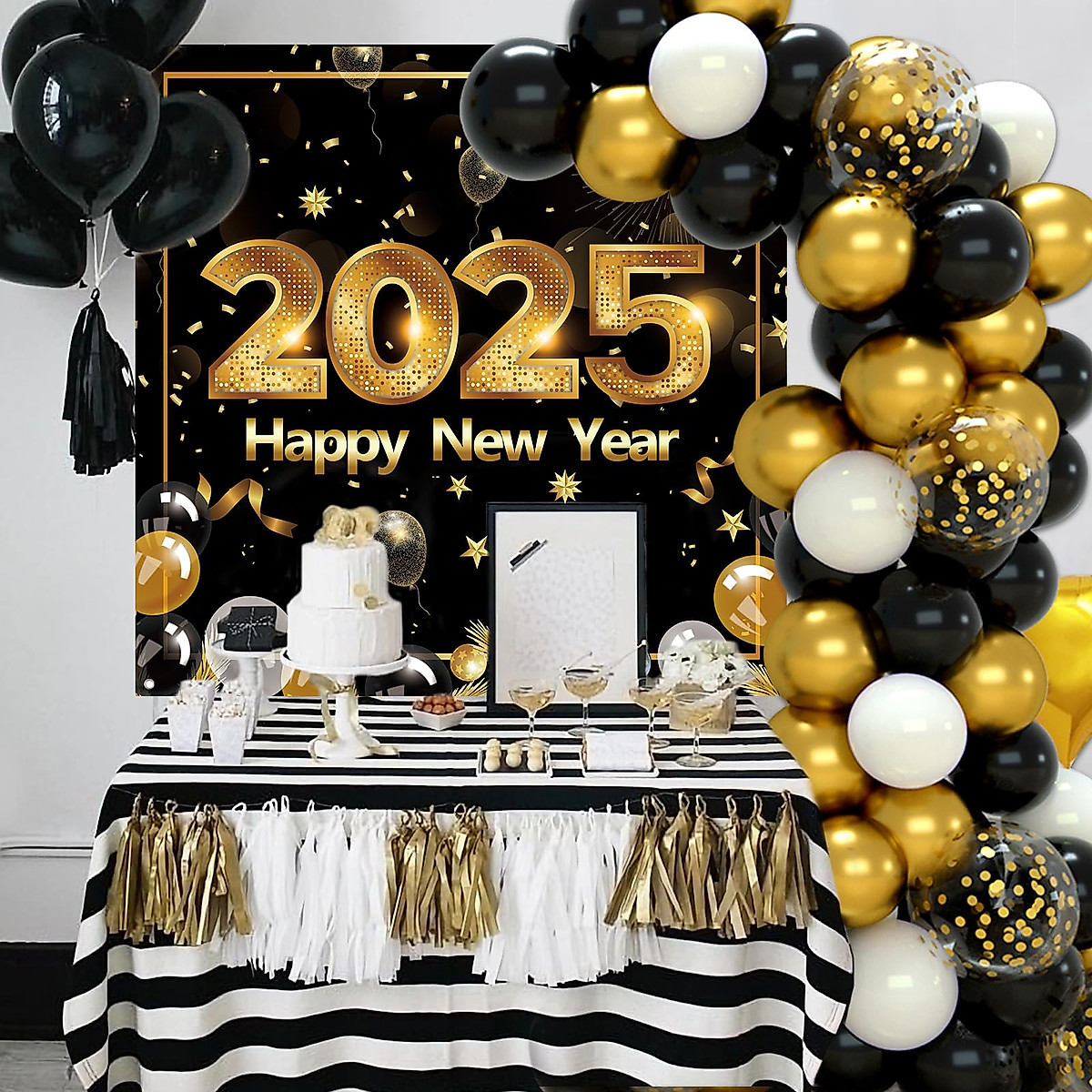 Happy New Years Eve Party Supplies 2025,New Years Decorations Black and Gold Confetti Balloon Garland Arch Kit Happy New Year Backdrop Banner for New Year Party Anniversary Retirement Graduation