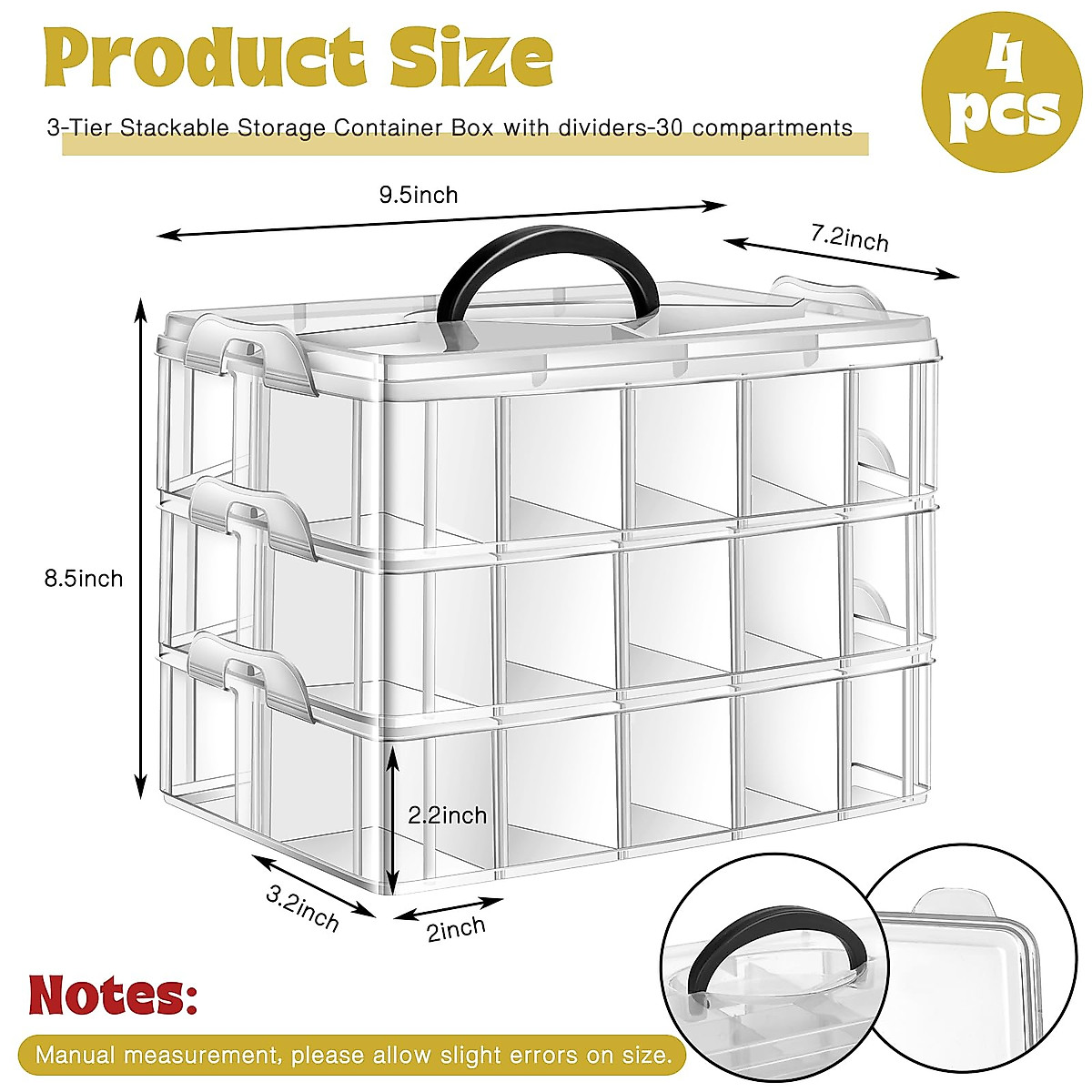 Teenyyou 4 Pcs 3 Tier Stackable Craft Organizers and Storage Bead Organizers with 30 Adjustable Compartments Storage Box Jewelry Making Organizers and Storage for Arts, Jewelry, Dolls, Washi Tape