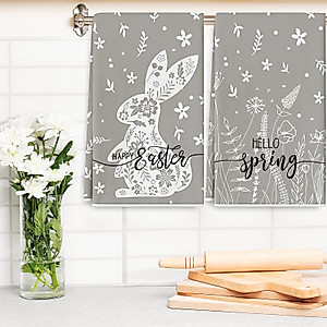 AnyDesign Easter Spring Kitchen Towel Gray Farmhouse Easter Bunny Rabbit Floral Dish Towel 18 x 28 Inch Rustic Hand Drying Tea Towel for Cooking Baking Cleaning Wipes, Set of 2