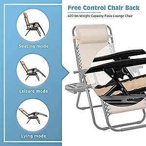 Devoko Patio Zero Gravity Chair Outdoor Folding Recliner Chairs with Table Pool Side Using Lawn Chair Sets with Pillow (Light Beige)