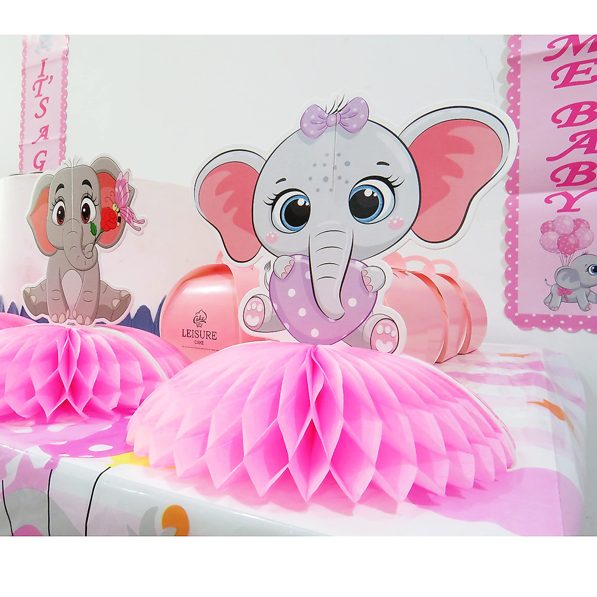 Welliboom Pink Elephant Honeycomb Centerpieces It's A Girl Table Decorations Door Hanging Porch Sign,Little Peanut Cutouts for Elephant Theme Baby Shower,Baby Girl Welcome baby Party Supplies