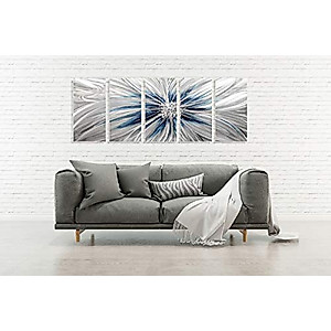 RICHSPACE ARTS Contemporary Metal Wall Art Blue and Silver Modern Sculpture Decor for Living Room 3d Flower Aluminum Artwork for Home and Office