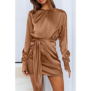 PRETTYGARDEN Women's Spring Satin Dress Long Sleeve Tie Waist Elegant Cocktail Party Mini Fall Dresses(Khaki,Small)