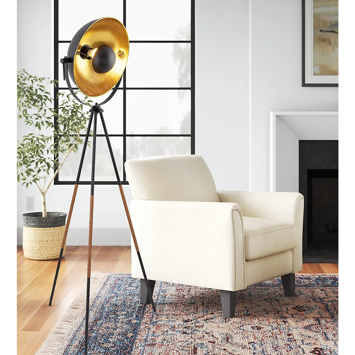 Kira Home Sulis 58" Modern Industrial Tripod LED Floor Lamp + 9W Bulb (Energy Efficient/Eco-Friendly), Leather Accent Legs, Satellite Style Shade, Black Finish