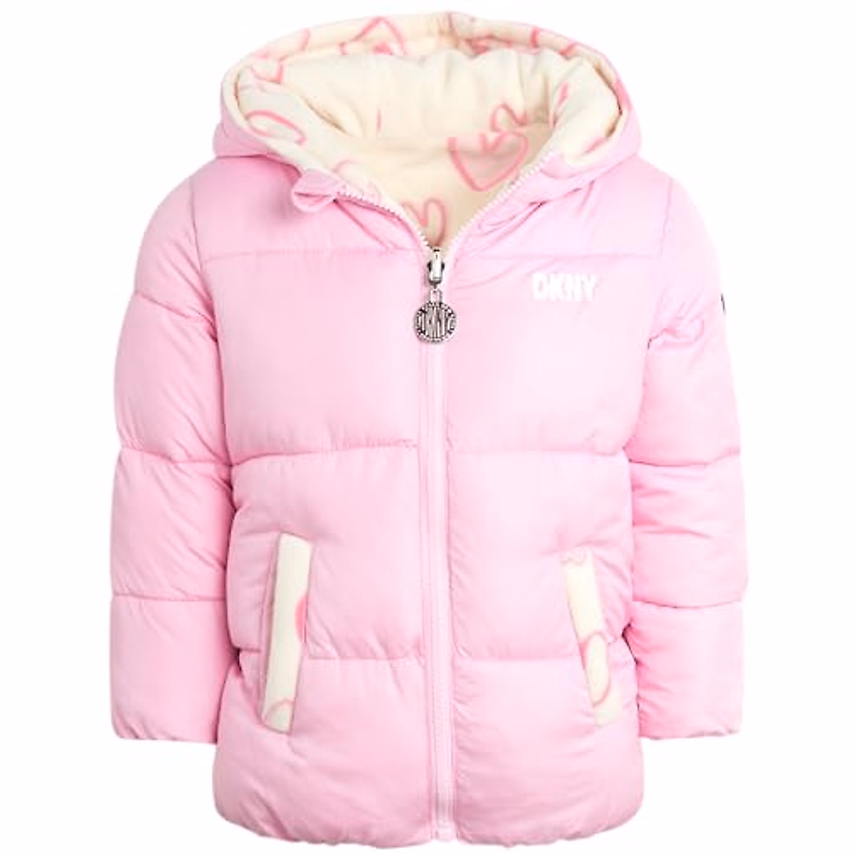 DKNY Baby Girls Winter Jacket – Reversible Puffer Jacket with Fleece Lining – Reversible Coat for Infants/Toddlers (12M-4T), Size 4T, Medium Pink/Pink Cream Hearts