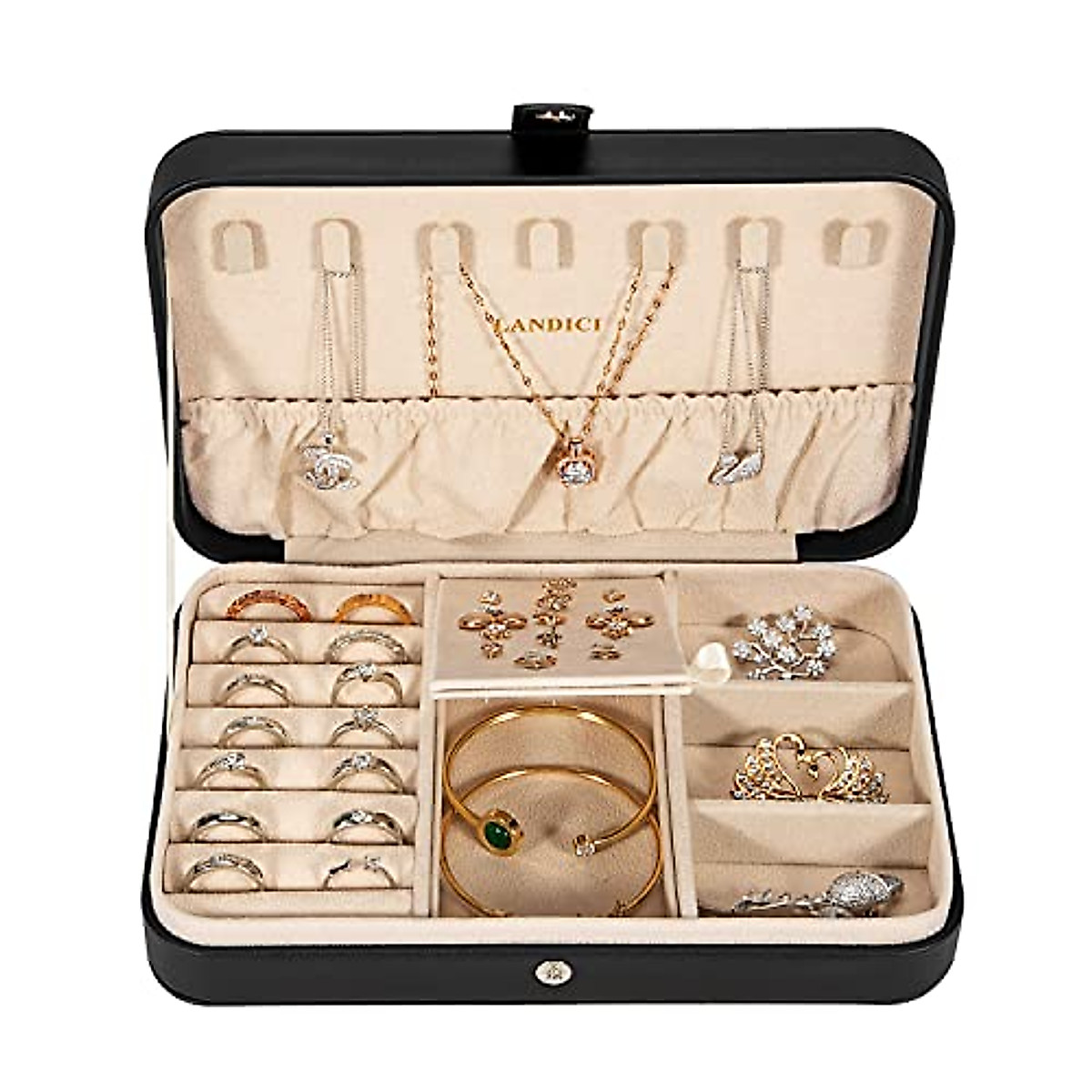 LANDICI Small Jewelry Box for Women Girls, PU Leather Travel Jewelry Organizer Case, Portable Mini Jewellery Storage Holder Display for Ring Earrings Necklace Bracelet Bangle, Black