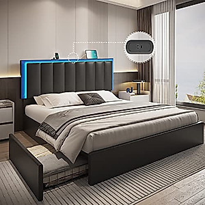 DICTAC Queen LED Bed Frame with 4 Storage Drawers and USB Ports Modern Platform Bed Frame with Storage and LED Headboard Faux Leather Upholstered Storage Bed,Easy Assemble,No Box Spring Needed,Black