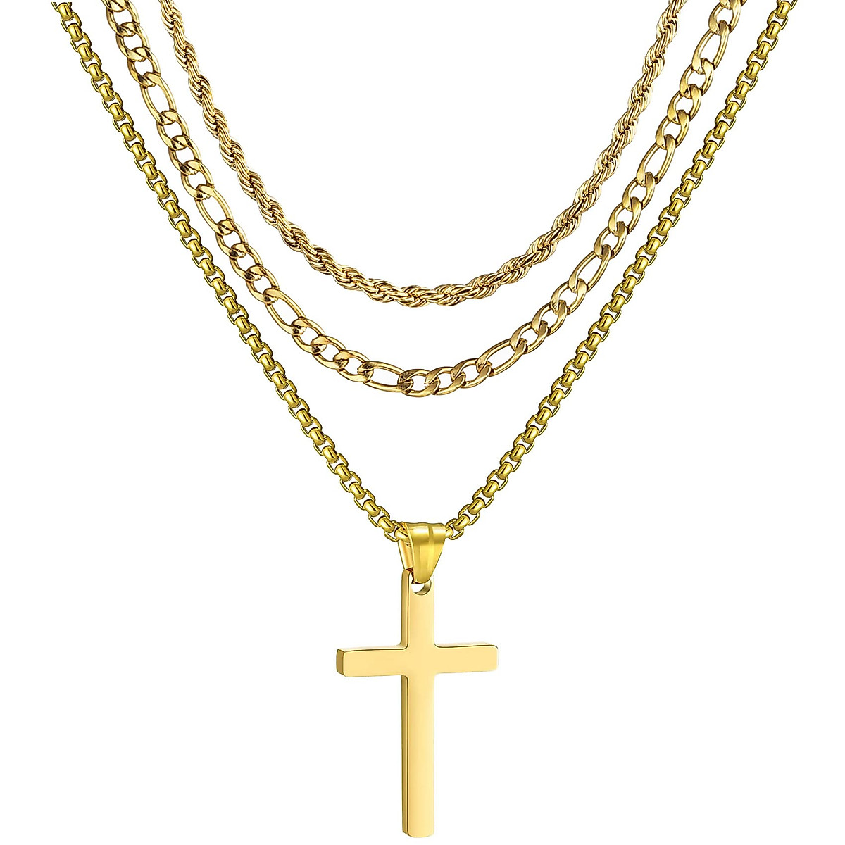 HSWYFCJY 3Pcs Set Cross Necklace for Men, Mens Cross Necklace Cross Chain Layered Stainless Steel Rope Figaro Chains for Women Boys Gold Silver Black (20inch/22inch)