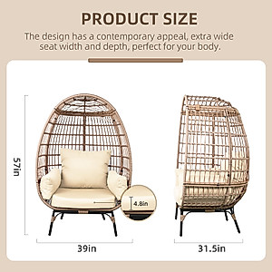 UPHA Outdoor Oversized Egg Chair,Indoor Patio Large Wicker Lounge Chair with Steel Frame and Cushions for Outside,Backyard(Beige Rattan,Beige)