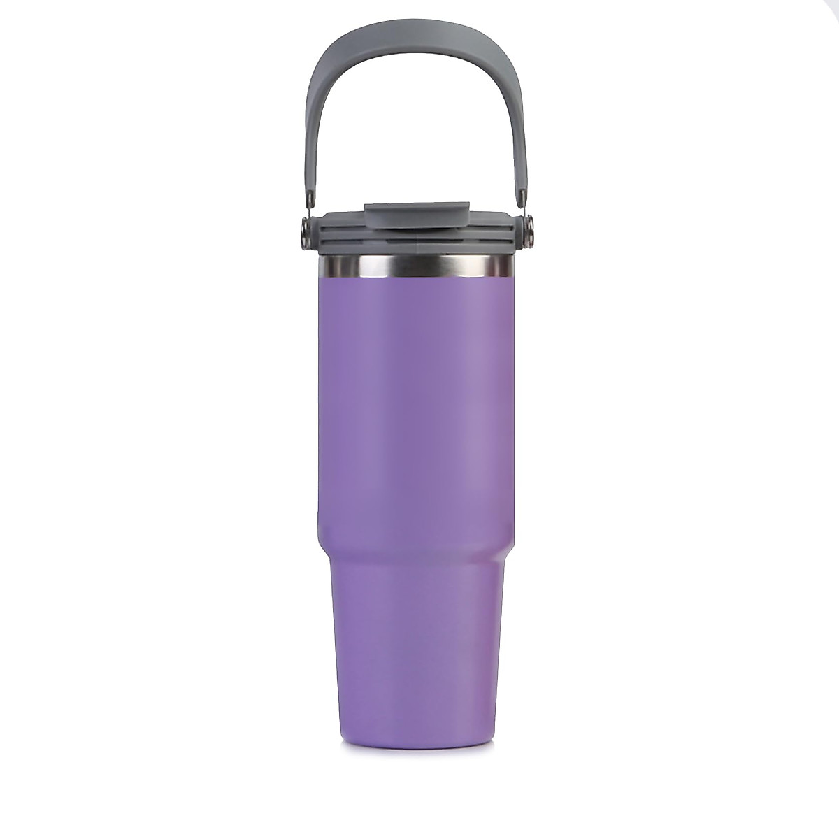 Insulated Straw Mug, 30 oz Anti-Leak Tumbler with 3-Way Lid: Sip, Straw, or Pour - Stainless Steel Travel Coffee Mug Fit Cupholder with Easy-to-carry Handle (Violet)