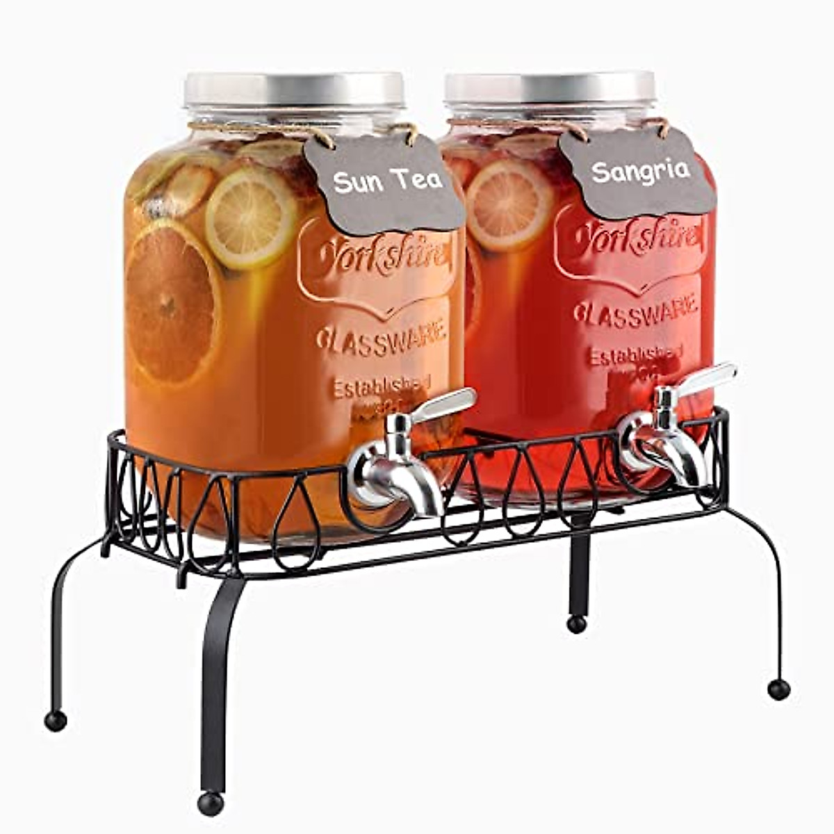 1 Gallon Beverage Dispenser with Stand, 18/8 Stainless Steel Spigot- [2 Pack] Airtight & Leakproof Glass Sun Tea Jar with Anti-Rust Lids, Drink Dispensers for Parties - Laundry Detergent Dispenser