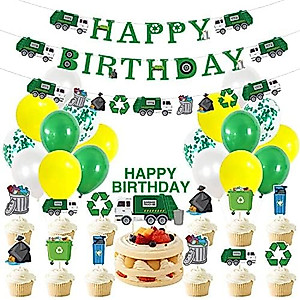 Dulousia Garbage Truck Party Supplies - Trash Truck Happy Birthday Banner, Garbage Truck Themed Balloons, Cup Cake Toppers for Waste Management Recycling Party