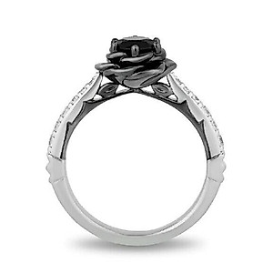 Palaksh Round Cut Black & White Diamond in 14K White Gold Over 925 Sterling Silver Diamond Black Rose Enchanted Engagement Ring for Women