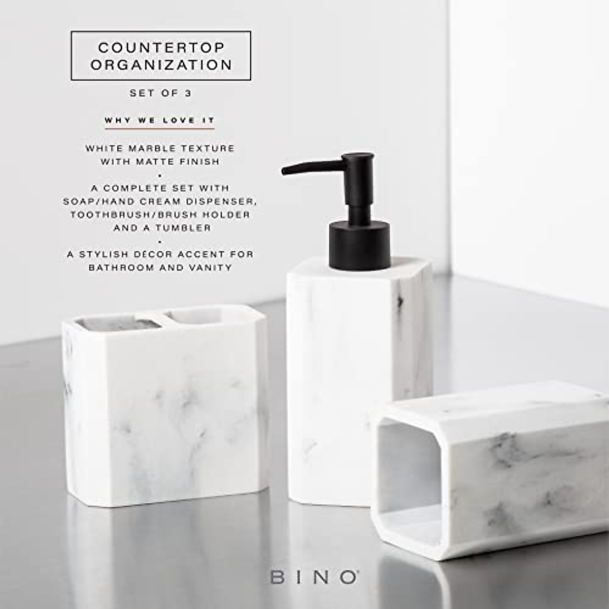 BINO Bathroom Accessories Set - Matte Marble | Soap Dispenser | Toothbrush Holder | Tumbler | 3-Piece Bathroom Organizer Countertop Set | Bathroom Decor | Home Decor | Bathroom Set