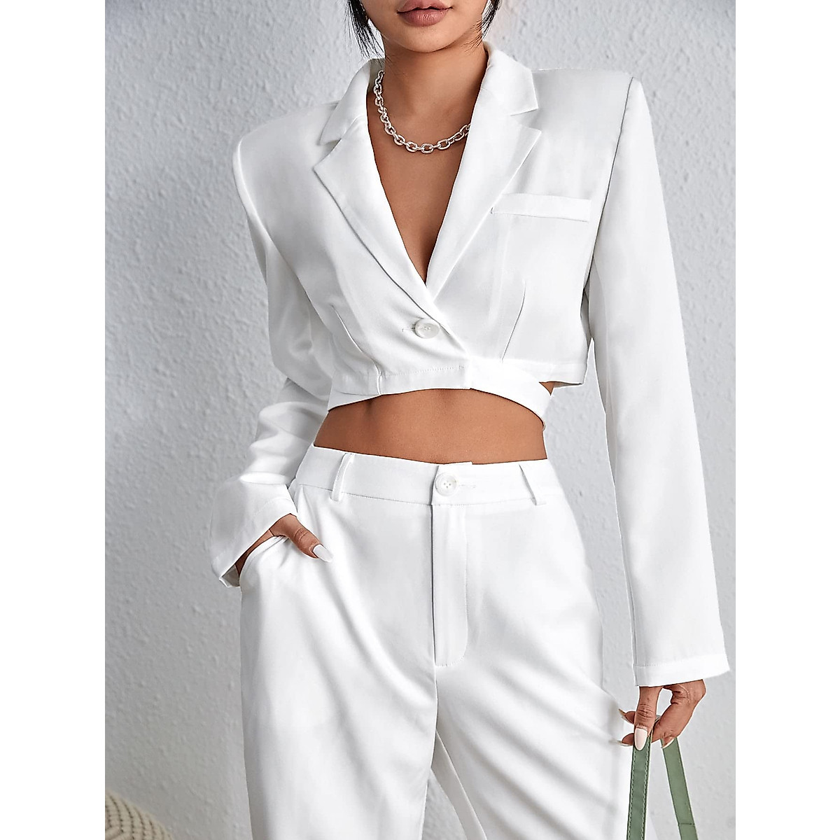 Milumia Women's Shoulder Pad Tie Back Long Sleeve Lapel Crop Wrap Blazer Jacket Outerwear White Medium