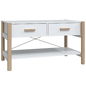 Tidyard Coffee Table with 2 Storage Drawers and Shelf, Engineered Wood Sofa Side Table, Wooden Couch End Table for Living Room 32.3 x 18.9 x 17.7 in White Small Space