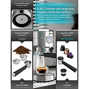 Gevi 20 Bar Compact Professional Espresso Coffee Machine with Milk Frother/Steam Wand for Espresso, Latte and Cappuccino, Stainless Steel, 35 Oz Removable Water Tank (Machine)
