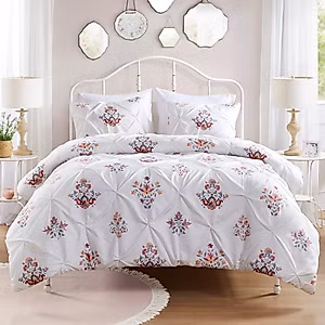 Comfort Spaces White Queen Duvet Cover Set - 3 Pieces Pintuck Tufted Vintage Floral Duvet Sets Queen, All Seasons Skin-Friendly, Lightweight & Soft Microfiber Queen Duvet Cover, Shams, Full/Queen