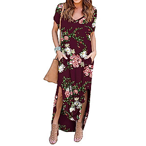 GRECERELLE Women Casual Sundresses Short Sleeve Shirt Dress Split Maxi Long Beach Dresses Travel Vacation 2024 Summer Outfits XL, Burgundy