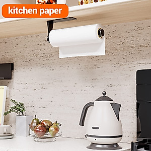 Paper Towel Holder Under Cabinet, Single Hand Operable Wall Mount Paper Towel Holder with Damping Effect, Self-Adhesive or Drilled for Kitchen Bathroom, Black