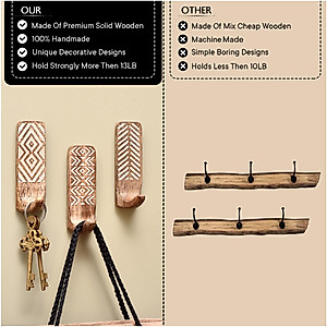 Indian Shelf 3 Pack No Damage Wood Wall Hooks- Adhesive Wall Hooks -Boho Key Decorative Wall Hooks for Hanging- Wood Hangers -Sticky Coat Hooks Wall Mount- Towel Hooks for Bathroom Wall Mounted-Style1