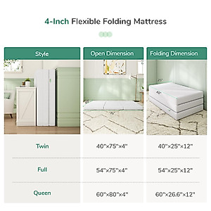 Novilla Folding Mattress Full Size, 4 Inch Responsive Comfort Foam Foldable Mattress Full with Breathable & Washable Cover, Pain Relief & Support, Portable Trifold Mattress Topper for Floor, Camping
