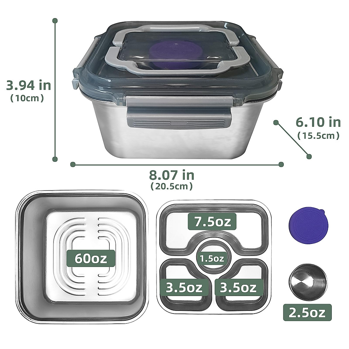 ENCYS Stainless Steel Salad Container for Lunch Large-60-oz Salad Bowl with Lid,3 Compartment Bento-Style Tray and 2.5-oz Salad Dressings Container,Salad Container,Lunch Box,Bento Box(Grey)