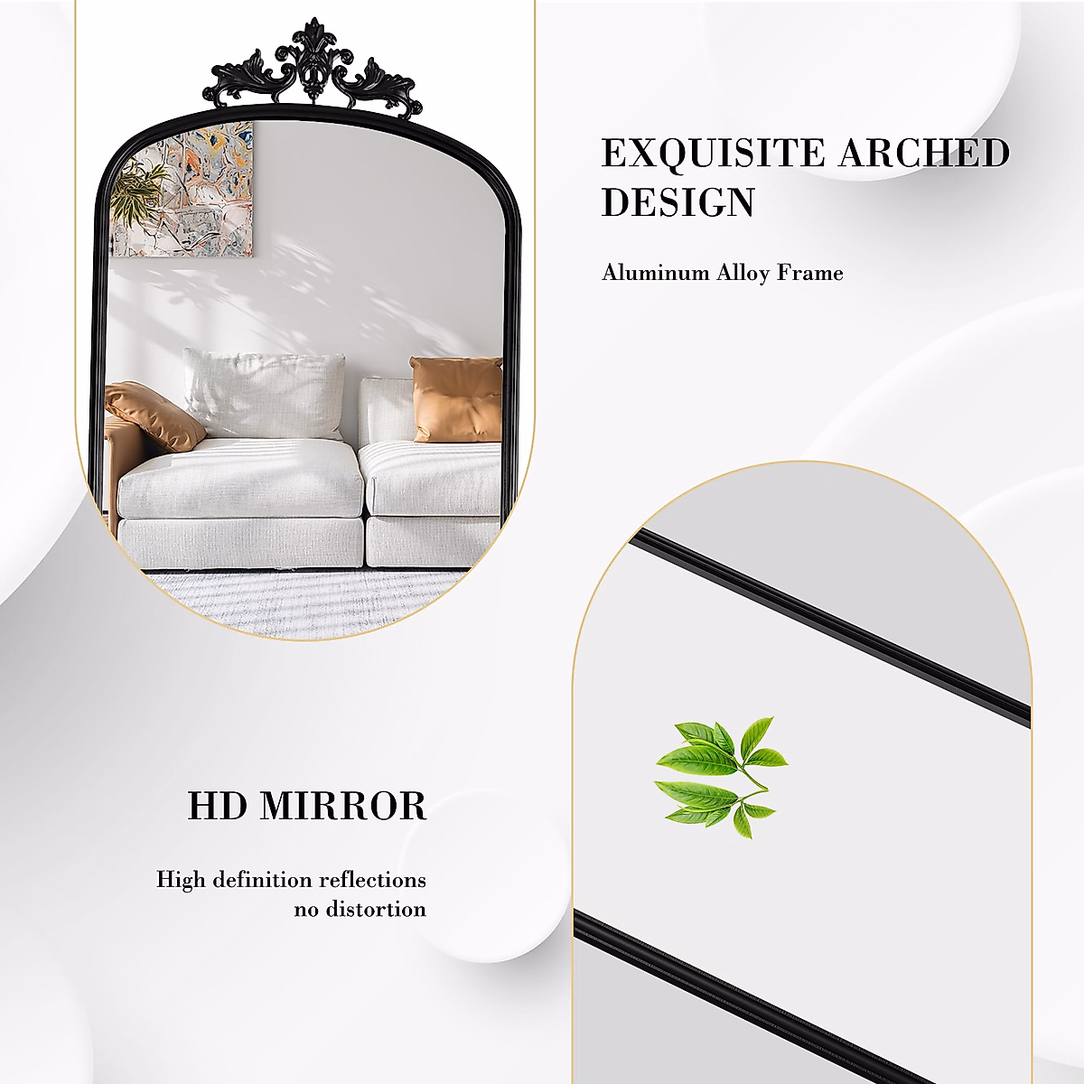 AZODY Arched Mirror Full Length with Stand, 65" x 21" Black Floor Length Mirror with Carved Metal Frame, Full Body Wall Mirror for Home Decor Wedding Entryway Living Room