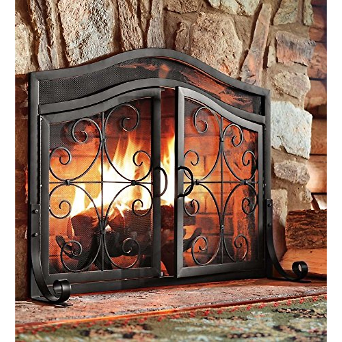 Plow & Hearth Metal Fireplace Screen Crest Arch Black | 44" W x 33" H | 2 - Door | Spark Guard Indoor Grate | Iron Fire Place Cover | Wood Burning Stove Decorative Accessories