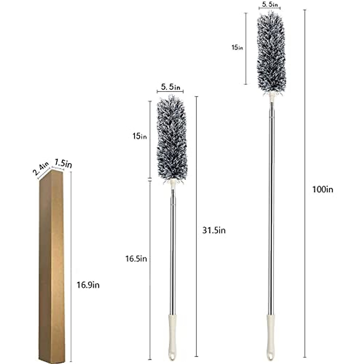 RMAI Microfiber Duster with Extension Pole(Stainless Steel), 100’’ Extra Long Extendable Cobweb Dusters, Bendable Scratch Resistant Duster for Cleaning High Ceiling Fan, Cars(Gray)