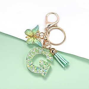 OKAICEN Fashion Alphabet Initial Letter Keychain Green Tassel Butterfly Pendant Key Ring for Purse Handbags Women Girl('G')