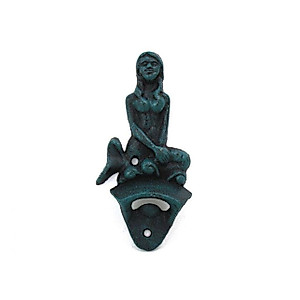 Hampton Nautical Seaworn Blule Wall Mounted Mermaid Bottle Opener 6"-Vintage Cast Iron Decor-Sea Life