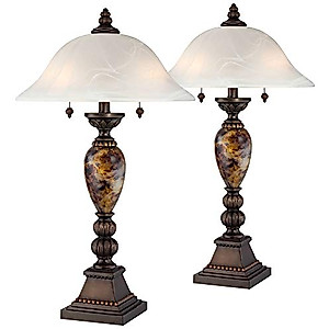 kathy ireland Mulholland Traditional Vintage Table Lamps 27" Tall Set of 2 Aged Bronze Faux Marble White Alabaster Glass Dome Shade for Living Room Bedroom House Bedside Nightstand Office
