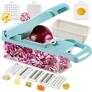 Ourokhome Vegetable Dicer Mandolin Slicer - 7 Blades Handy Onion Chopper Shredder with Egg Separator and Colander Strainer for Kitchen Multiple Uses (Blue)