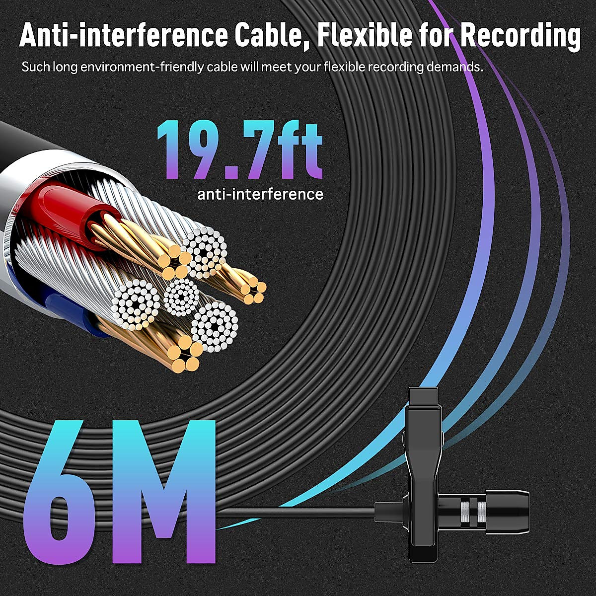 SYNCO Lav-S6M Lavalier Microphone, 3.5mm Audio-Monitor Port Clip-on Condenser Mic Support USB Charging, 6M/19.7 FT Cable Noise Reduction for YouTube, Interview, Conference, Live Broadcast