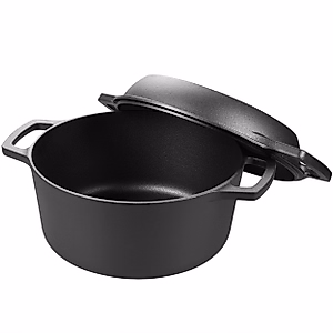 VORRINGARD Pre-seasoned Cast Iron Double Dutch Oven Pot with Skillet Lid, Dual-handle, for Bread Baking, Outdoor, Campfire Cooking, 5 Quart