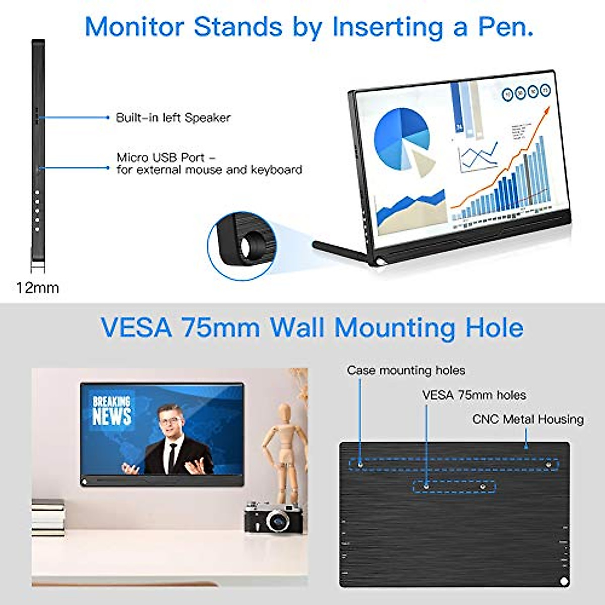 Eyoyo Portable Computer Monitor 4K Gaming Monitor 13.3 inch 3840x2160 UHD IPS Display USB-C Monitor Compatible with Mac Laptop PS4 Xbox One Smartphone