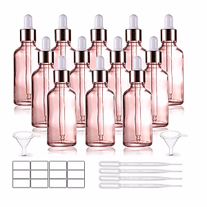 Furnido 12 Pack, 1.7 Oz Pink Glass Bottles with Dropper, Includes Pipette, Funnel, and Stickers for Essential Oils, Perfumes, and DIY Samples
