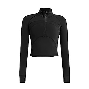 ZHENWEI Women's Yoga Jacket 1/2 Zip Athletic Long Sleeve Running Top with Thumb Holes Black M
