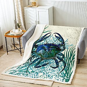 Feelyou Crab Printed Fleece Throw Blanket Throw 50"x60" Kids Summer Theme Plush Blanket for Bed Sofa Couch Boys Girls Teens Marine Themed Sherpa Blanket Underwater Animal Fuzzy Blanket Ocean Creature