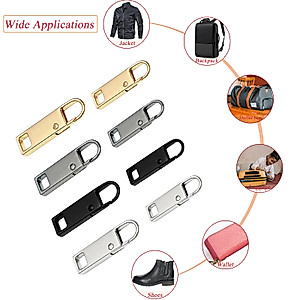 Urmspst Zipper Pull Replacement (Upgraded), 8 Pcs Detachable Zipper Pull Tabs for Luggage Clothing Jackets Backpacks Boots Purse Coat(4 Color Black, Silver, Gold, Brilliant Black)