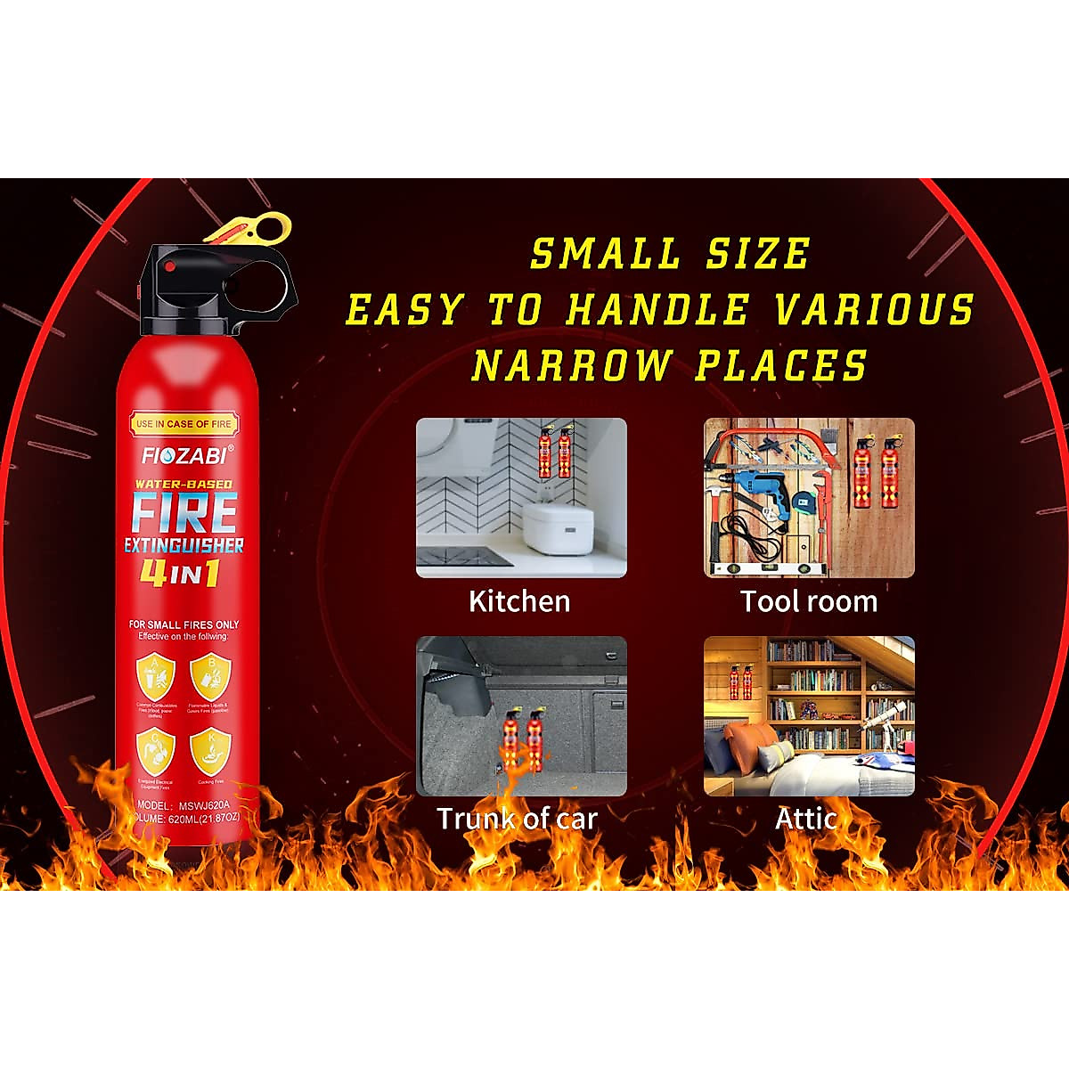 FIOZABI Portable Fire Extinguisher Spray With Bracket Can Prevent Re-Ignition,Best Suitable for The House/Car/Truck/Boat/Kitchen/Home Fire Extinguishers Fire Type A/B/C/K 620ml (4 PACK)