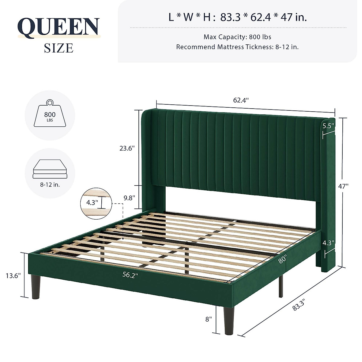 Allewie Queen Size Bed Frame/Velvet Upholstered Platform Bed/Vertical Channel Tufted Wingback Headboard/Strong Wooden Slats/No Box Spring Needed/Easy Assembly/Green