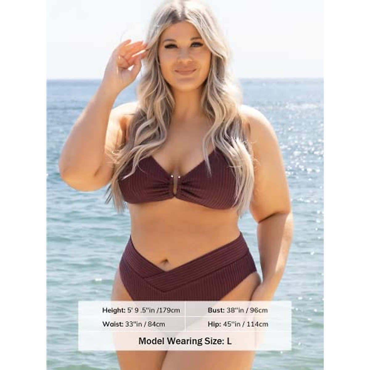 CUPSHE Bikini Set for Women Two Piece Swimsuits High Waisted Ribbed V-Wire Bralette Wide Straps Back Hook Cheeky Bottom Red Brown, S