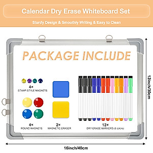 EOOUT Monthly Calendar Dry Erase Whiteboard for Wall, 16" x 12" Magnetic WhiteBoard, Portable Hanging Double-Sided White Board for Office Drawing Kitchen Planning Memo, School Home Memo to Do List