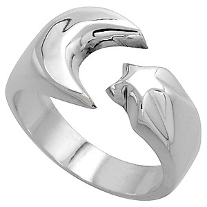 Sterling Silver Crescent Moon & Star Ring Handmade 1/2 inch wide, size 9