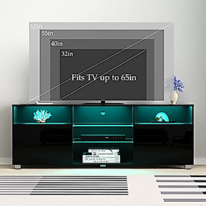 High Glossy LED Black TV Stand for 55/60/65 inch TV,Modern LED Entertainment Center with Adjustable Storage Shelves,Game Console Entertainment Center,TV Table Media Furniture (57inch, Black)