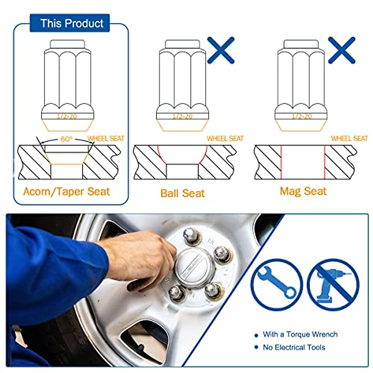 GAsupply Black Lug Nuts, 1/2-20 Closed End Bulge Acorn Lug Nuts 3/4 inch 19mm Hex 1.38 inch Tall 60 Degree Conical Seat