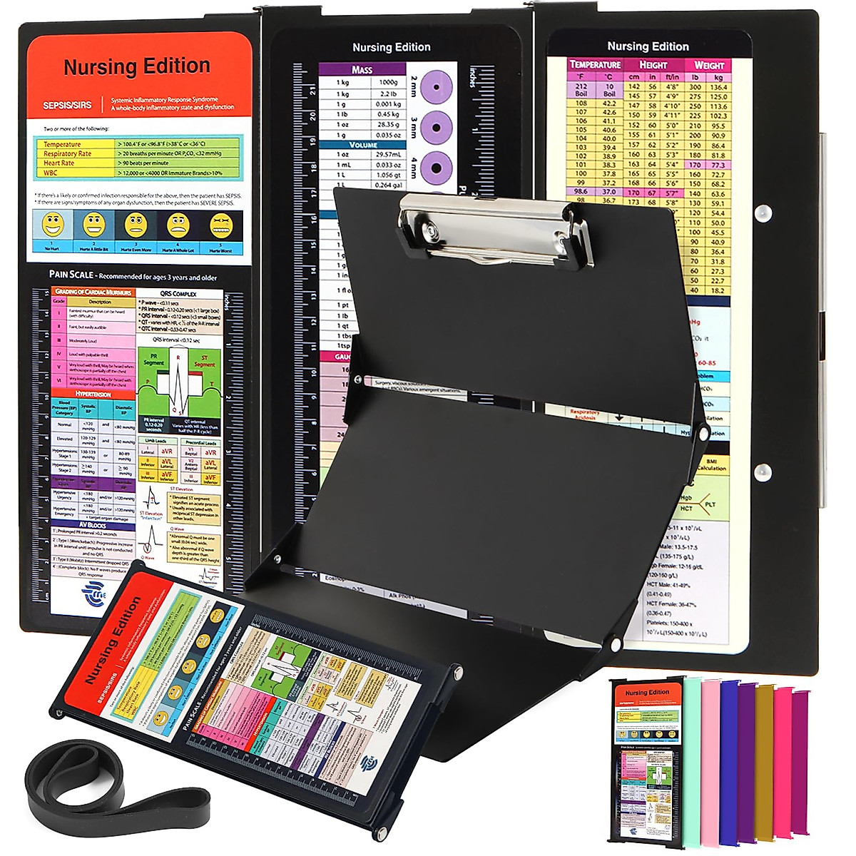 Nursing Clipboard with Nursing and Medical Edition Cheat Sheets 3 Layers Aluminum Foldable Nurse Clip Boards Notepad for Students, Nurses and Doctors (Black)