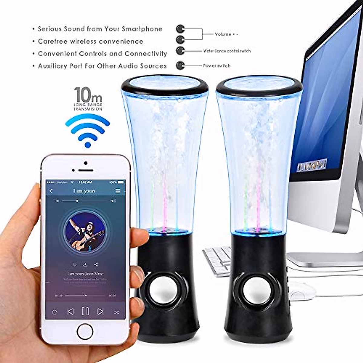 KALANDO Wireless Bluetooth Colorful LED Water Speaker with Dancing Fountain Light Show Sound for PC, MP3 Player, Laptops, Smartphone Black